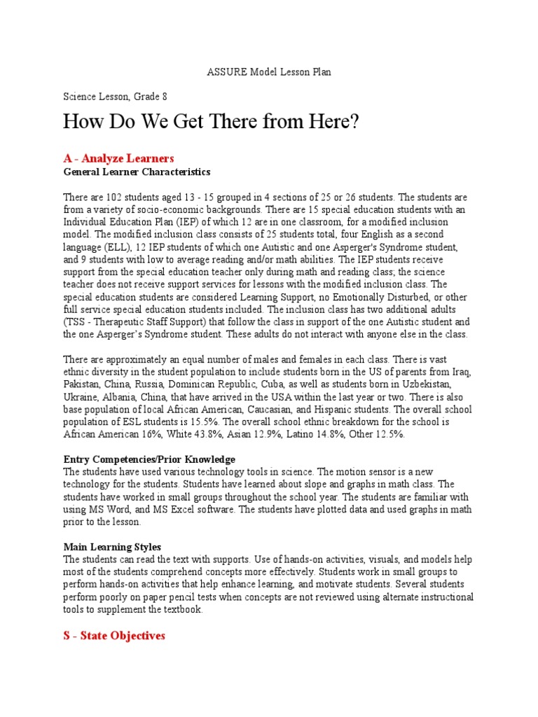 ASSURE Model Lesson Plan | Inclusion (Education) | Laptop