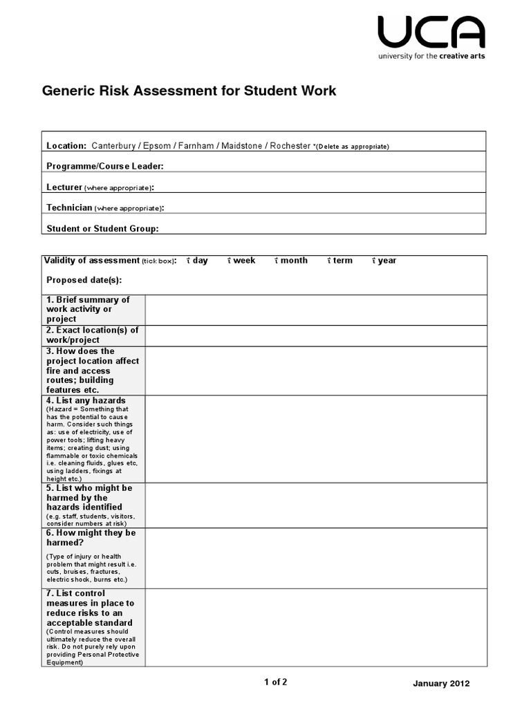 Student Work Risk Assessment | PDF