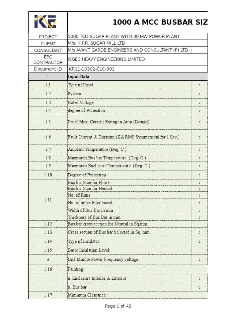 MCC BUSBAR SIZING CALCULATION FOR 630A PANEL | PDF | Power Station | Power Engineering