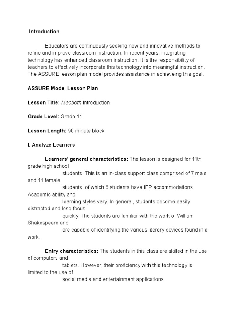 ASSURE Model Lesson Plan1 | PDF | Learning Styles | Lesson Plan