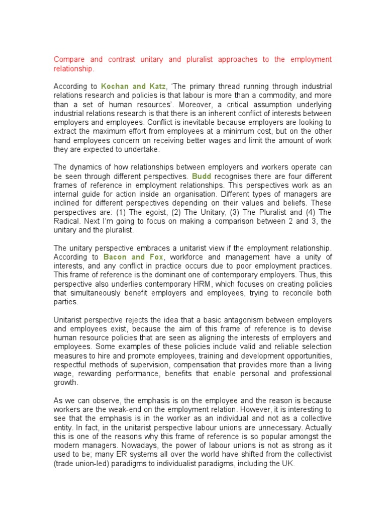Unitary vs Pluralist Employment Relations | PDF | Employment | Labor