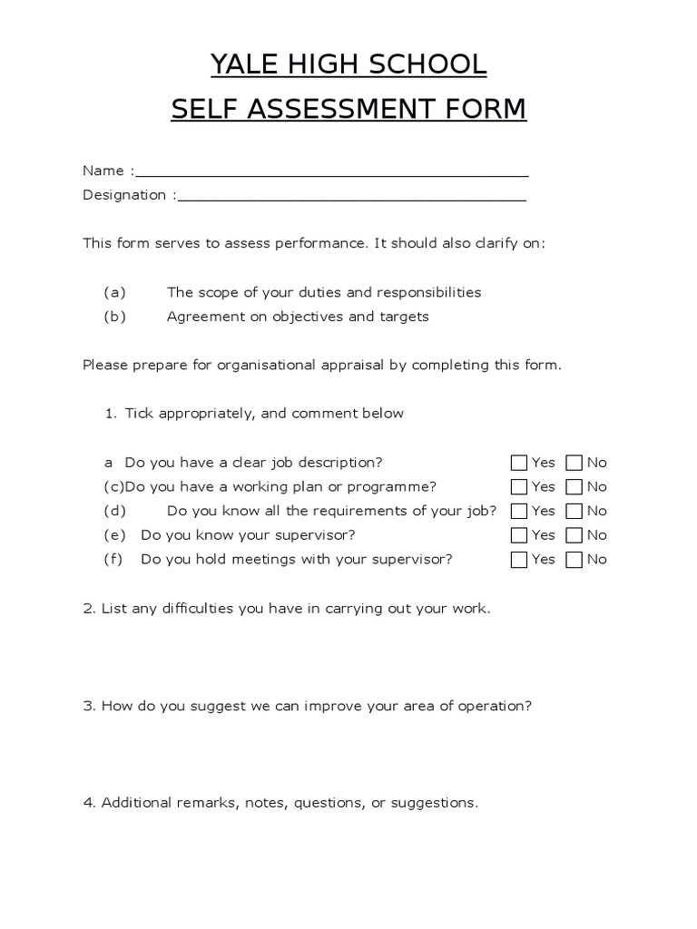 Yale High School Self Assessment Form | PDF | Career & Growth | Business