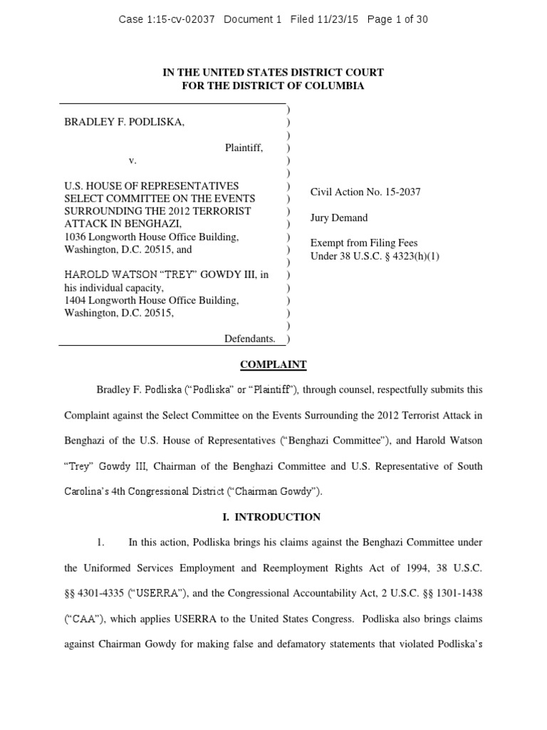 Podliska V Select Committee and Trey Gowdy | PDF | Defamation ...