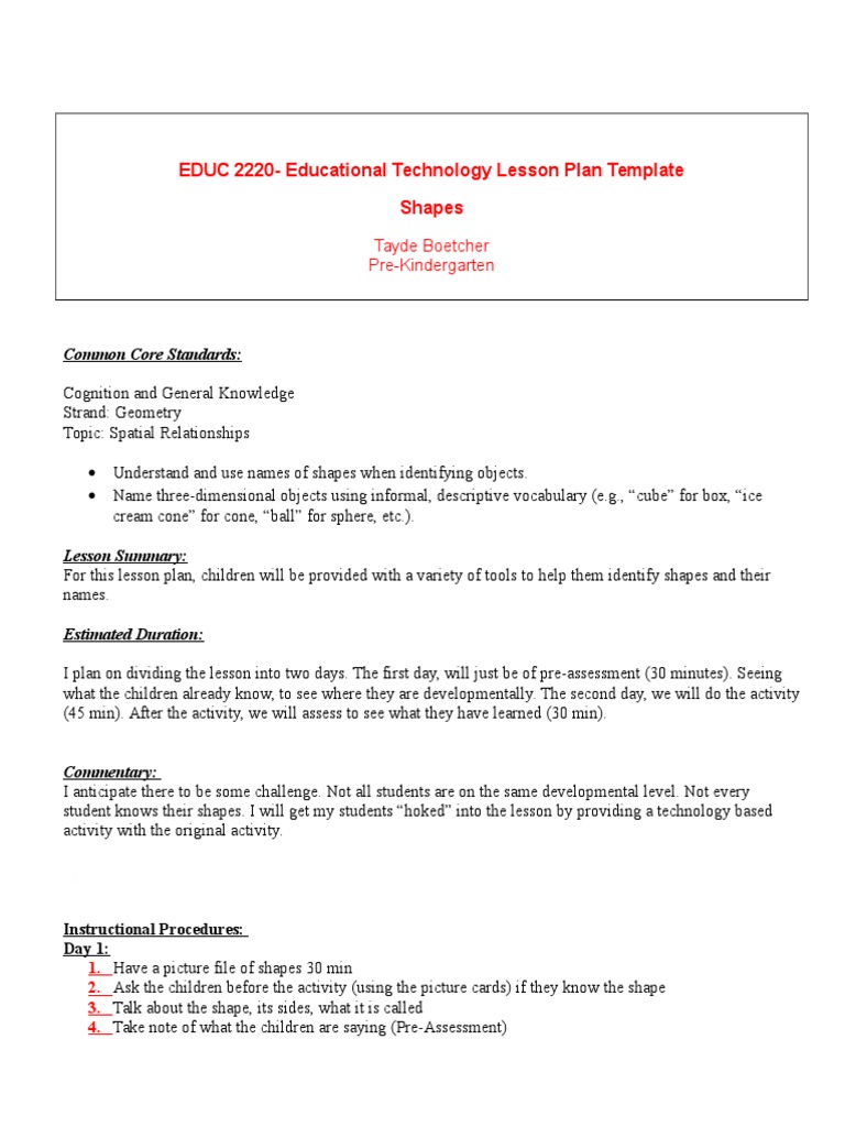EDUC 2220-Educational Technology Lesson Plan Template Shapes | PDF ...