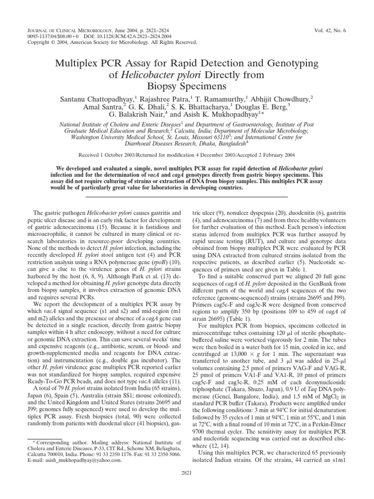 Multiplex PCR Assay For Rapid Detection and Genotyping of Helicobacter ...
