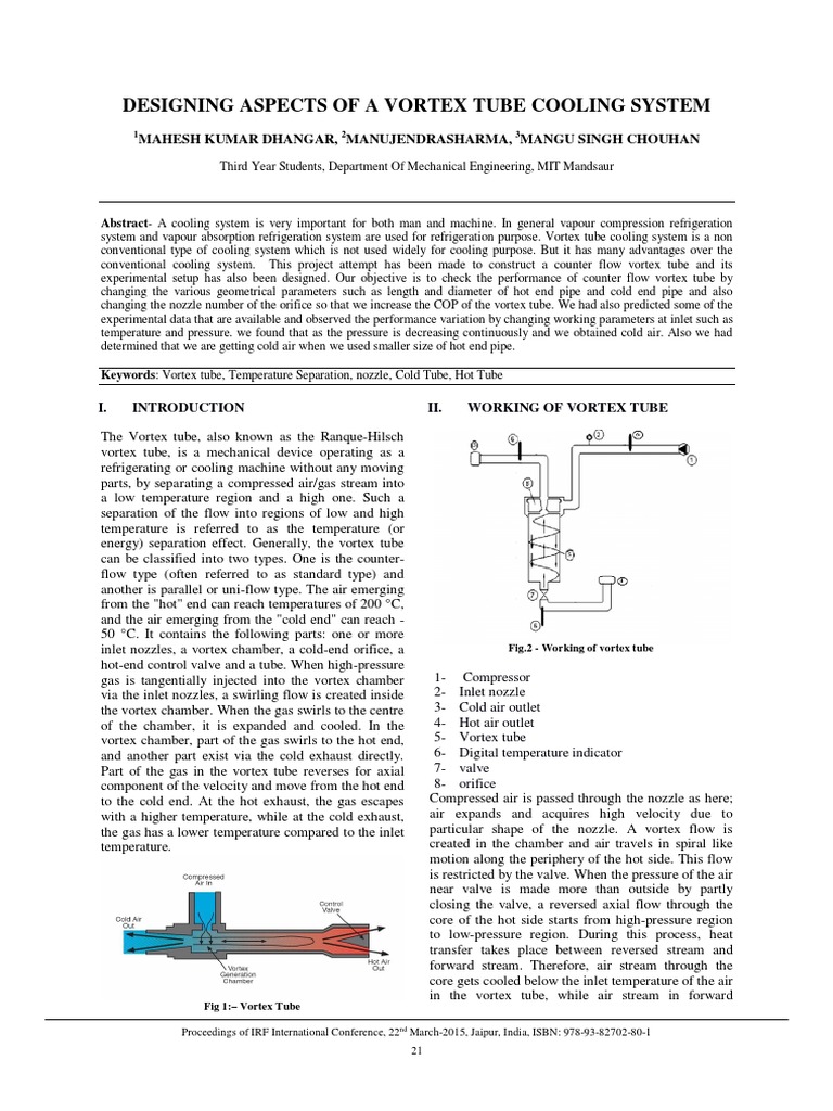 Designing Aspects of A Vortex Tube Cooling System: Mahesh Kumar Dhangar ...
