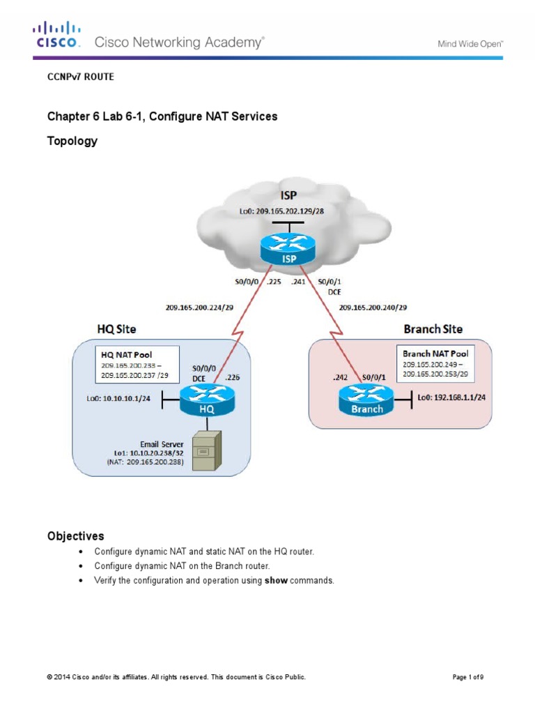 Chapter 6 Lab 6-1, Configure NAT Services Topology: Ccnpv7 Route | PDF | Ip Address | Router ...