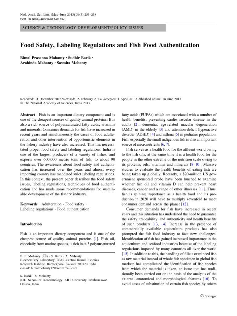 Food Safety, Labeling Regulations and Fish Food Authentication ...