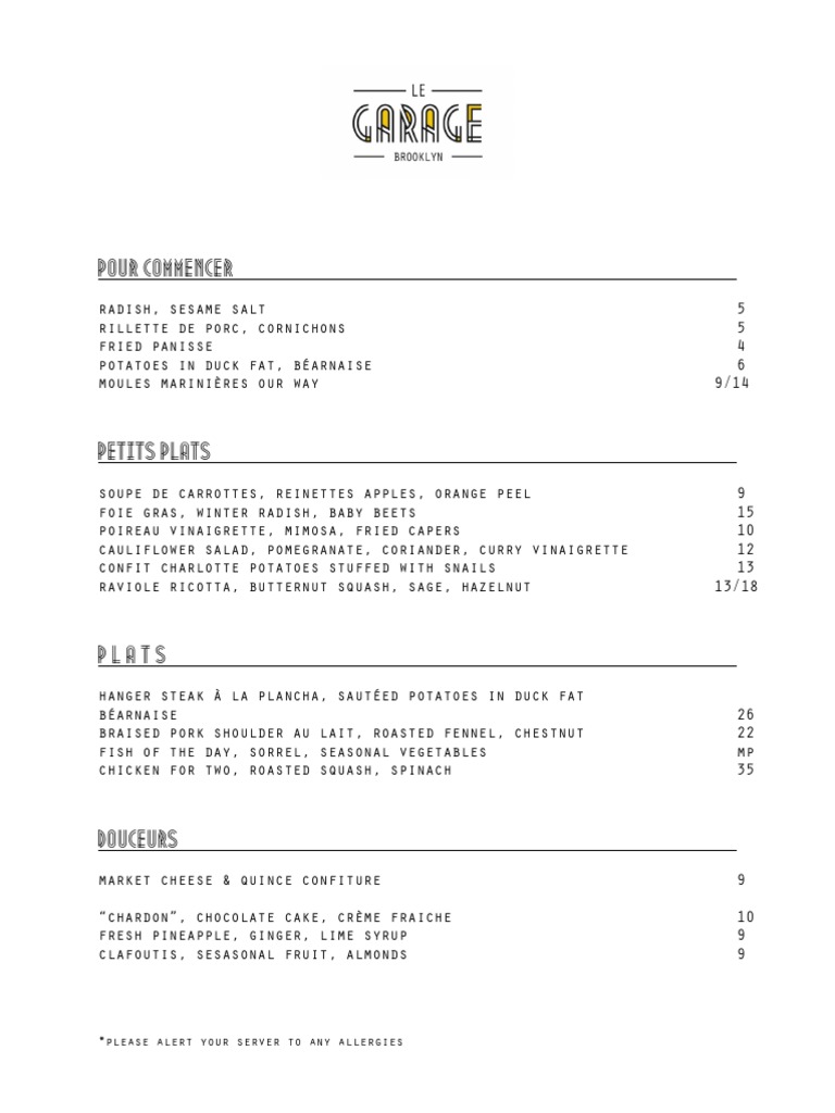 Le Garage Menu | PDF | Cooking, Food & Wine