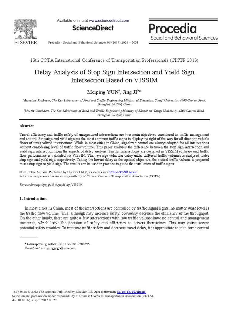 Delay Analysis of Stop Sign Intersection and Yield Sign Intersection ...