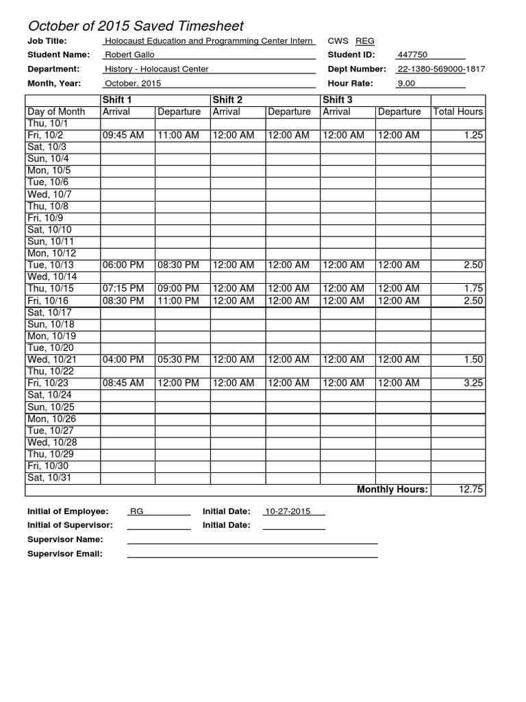 October of 2015 Saved Timesheet: Shift 1 Shift 2 Shift 3 | PDF