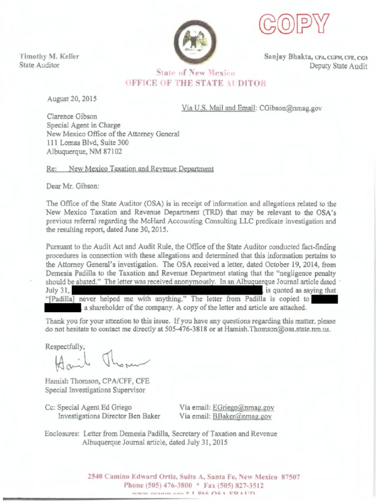 Letter to Attorney General from State Auditor's Office about TRD