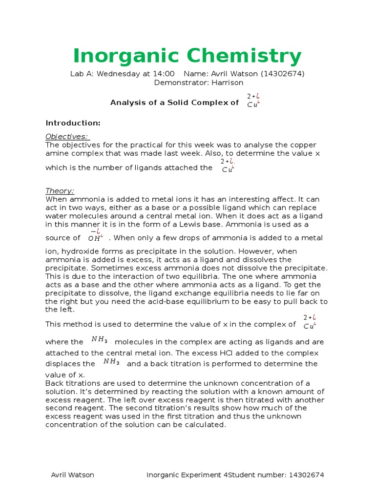 Inorganic Chemistry Experiment 5: Analysis of A Solid Complex of | PDF ...