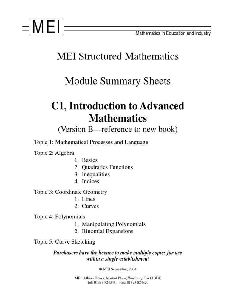 MEI Structured Mathematics Module Summary Sheets: C1, Introduction To ...