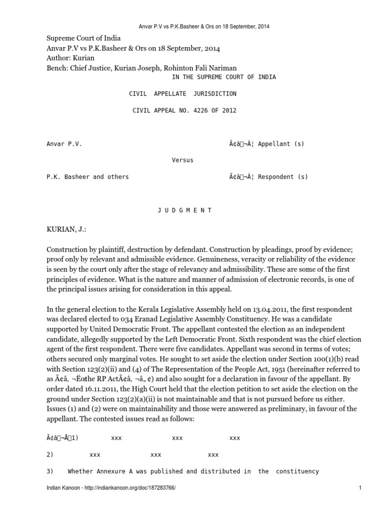 Anvar P.V Vs P.K.Basheer & Ors On 18 September, 2014 PDF | PDF ...