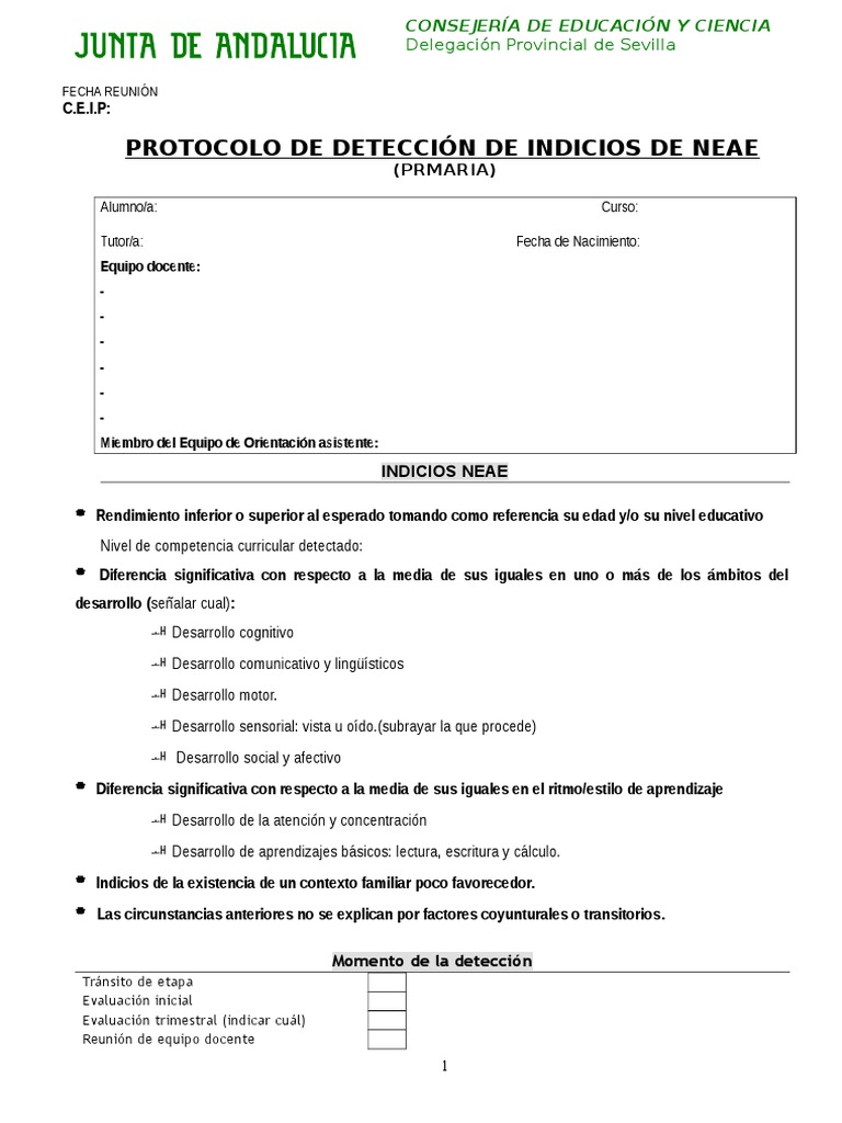 Protocolo Inidcios Primaria de Neae | PDF | Aprendizaje | Lectura (proceso)