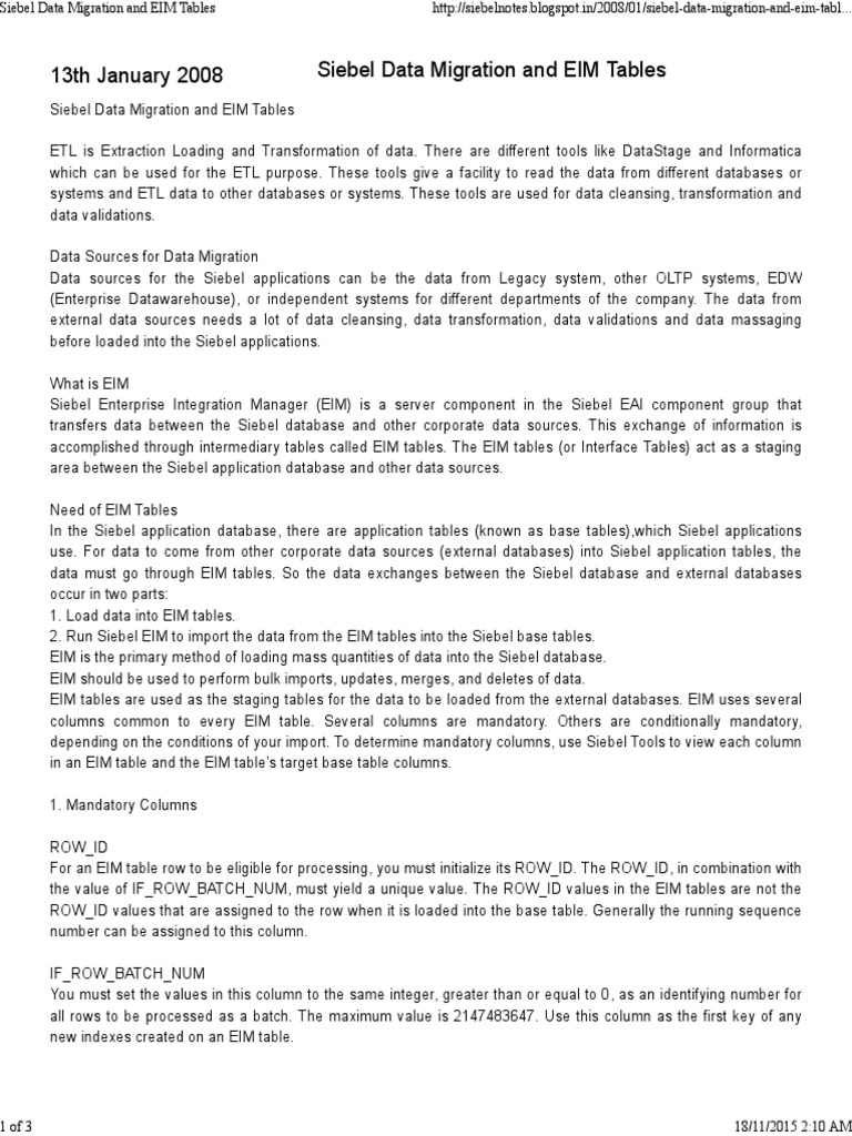 Siebel EIM Tables for Data Migration | PDF | Information Retrieval | Information Technology