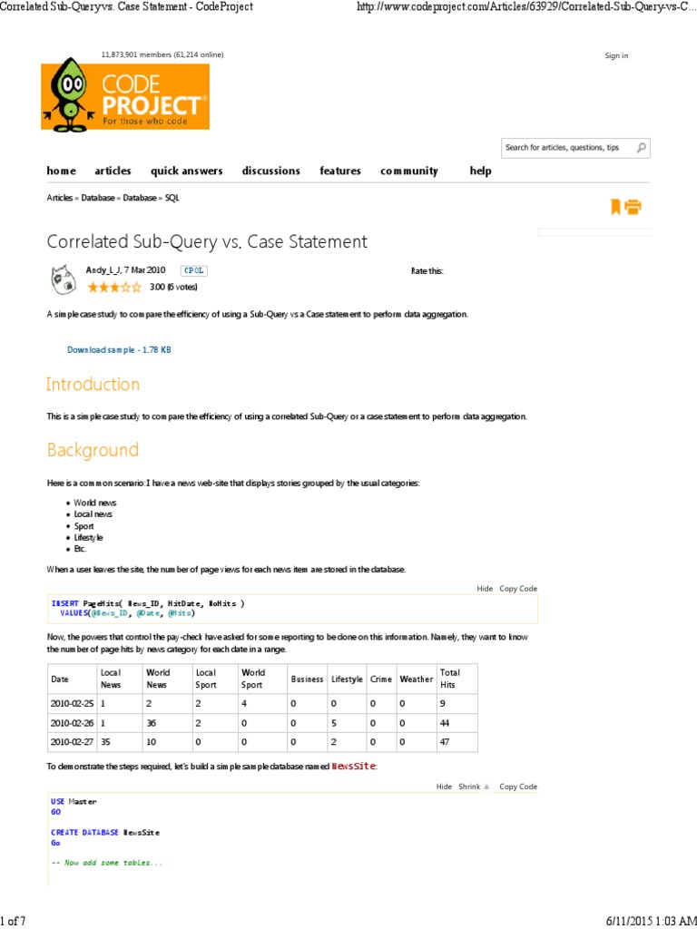 Correlated Sub-Query vs. Case Statement - CodeProject | PDF | Computer ...