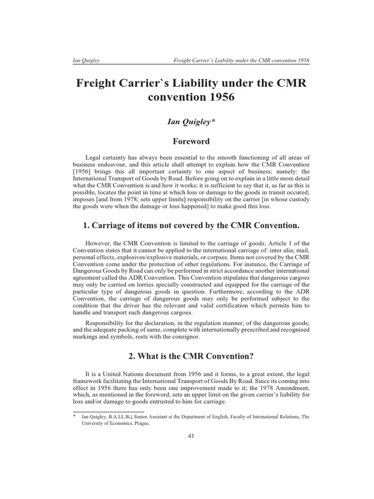 CMR Convention | Cargo | Dangerous Goods