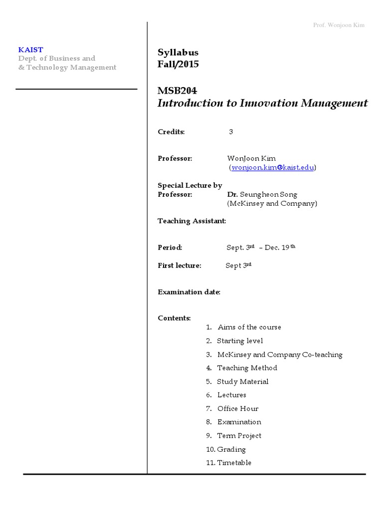 Introduction To Innovation Management: Syllabus Fall/2015 MSB204 | PDF ...