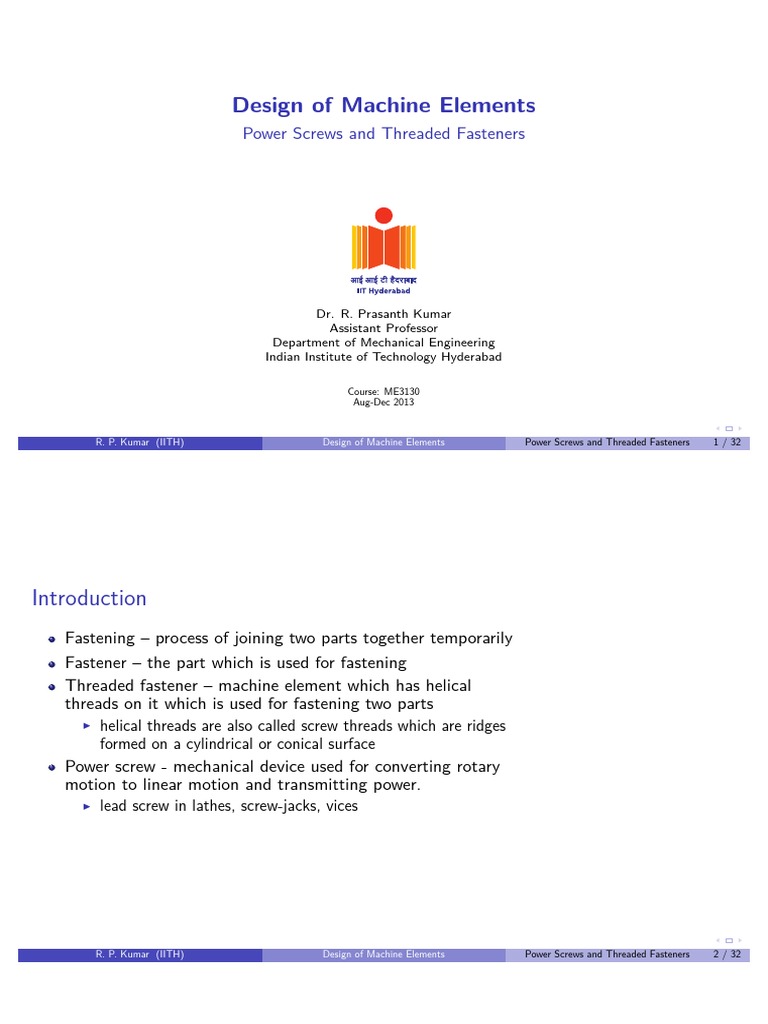 07 Power Screws and Threaded Fasteners (Handout) | PDF | Screw ...