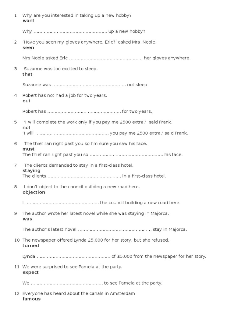Fce Sentence Transformation Worksheet1 | PDF