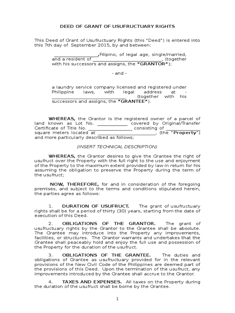 Deed of Grant of Usufructuary Rights | Deed | Social Institutions ...