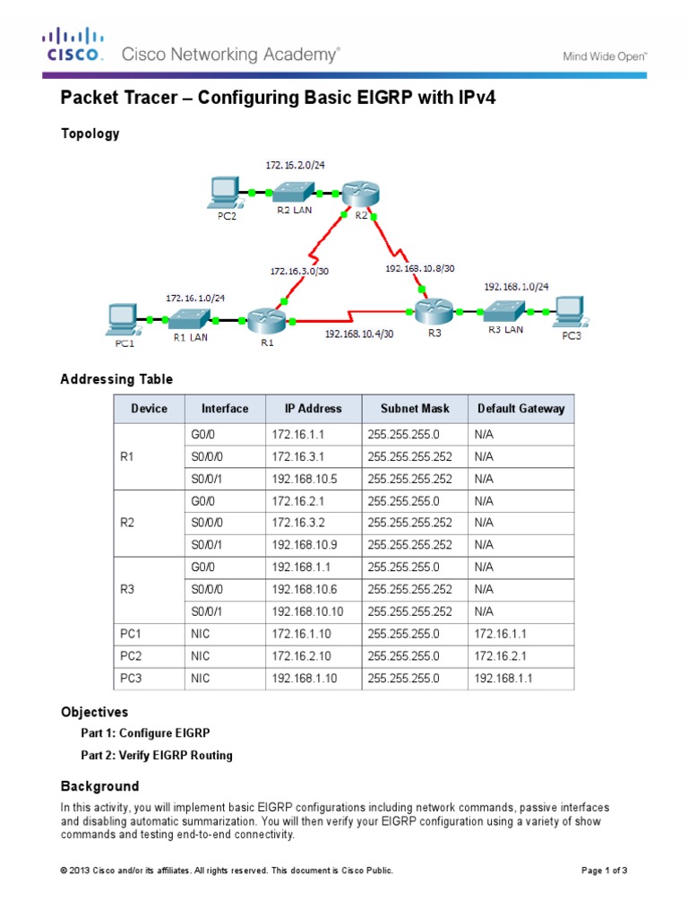 7.2.2.4 Packet Tracer - Configuring Basic EIGRP With IPv4 Instructions | PDF | Router (Computing ...