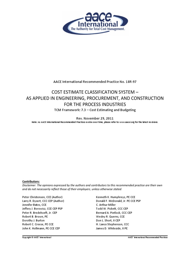 Cost Estimate Classification System - As Applied in Engineering ...