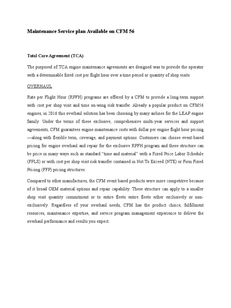 Maintenance Service Plan Available On CFM 56 | PDF | Maintenance | Lease