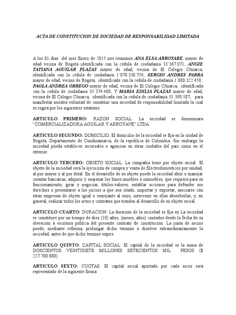 Acta De Constitucion De Sociedad De Responsabilidad Limitada