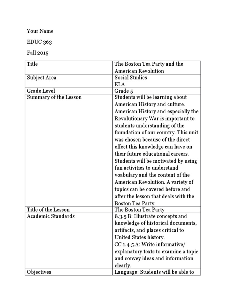 Boston Tea Party Lesson Plan | PDF | Vocabulary | Lesson Plan