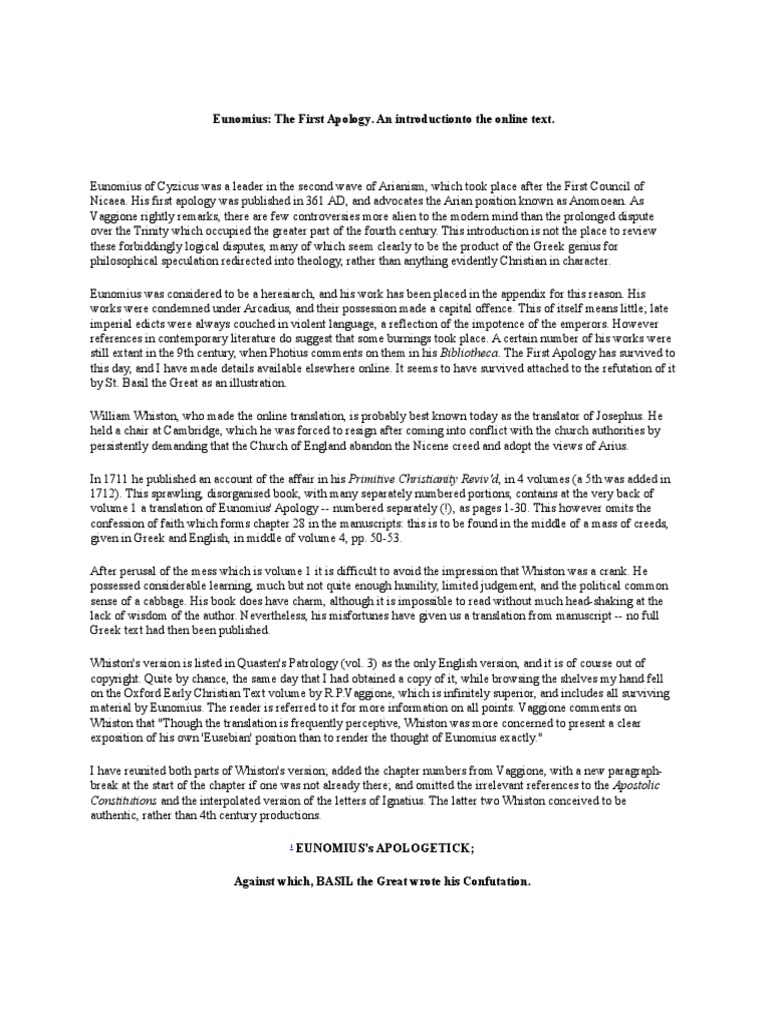 Eunomius The First Apology | PDF | Arianism | God
