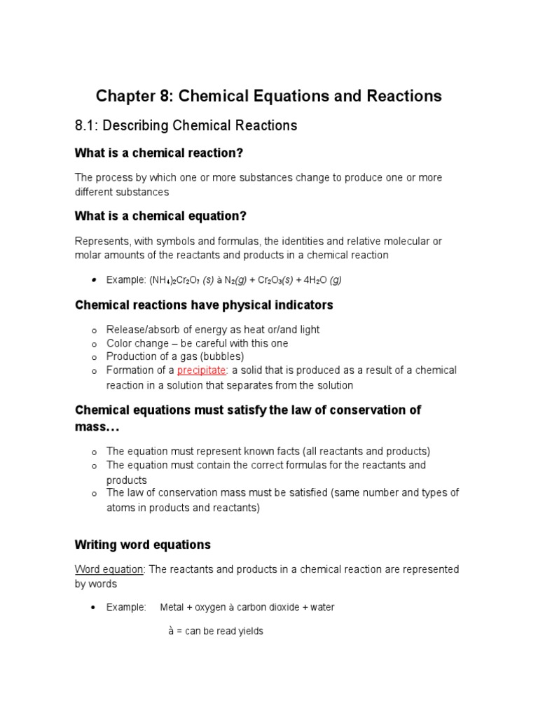 Chapter 8: Chemical Equations and Reactions | Download Free PDF ...
