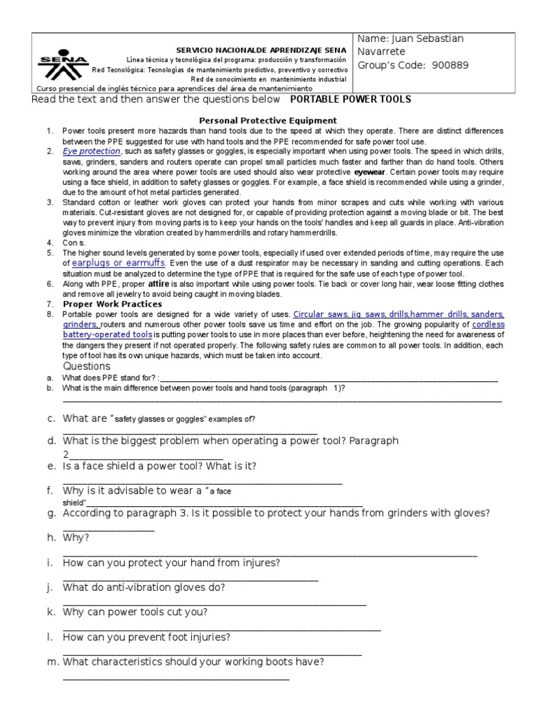 Reading Comprehensión Power Tools | PDF | Tools | Glove