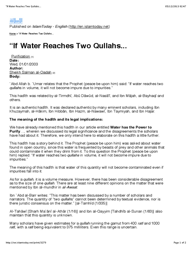 Water Purity and the Qullah Measure | PDF | Hadith | Islamic Ethics