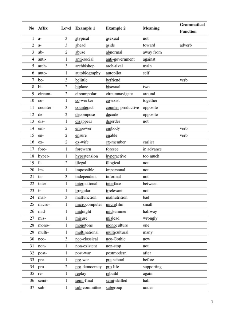 No Affix Level Example 1 Example 2 Meaning Grammatical Function