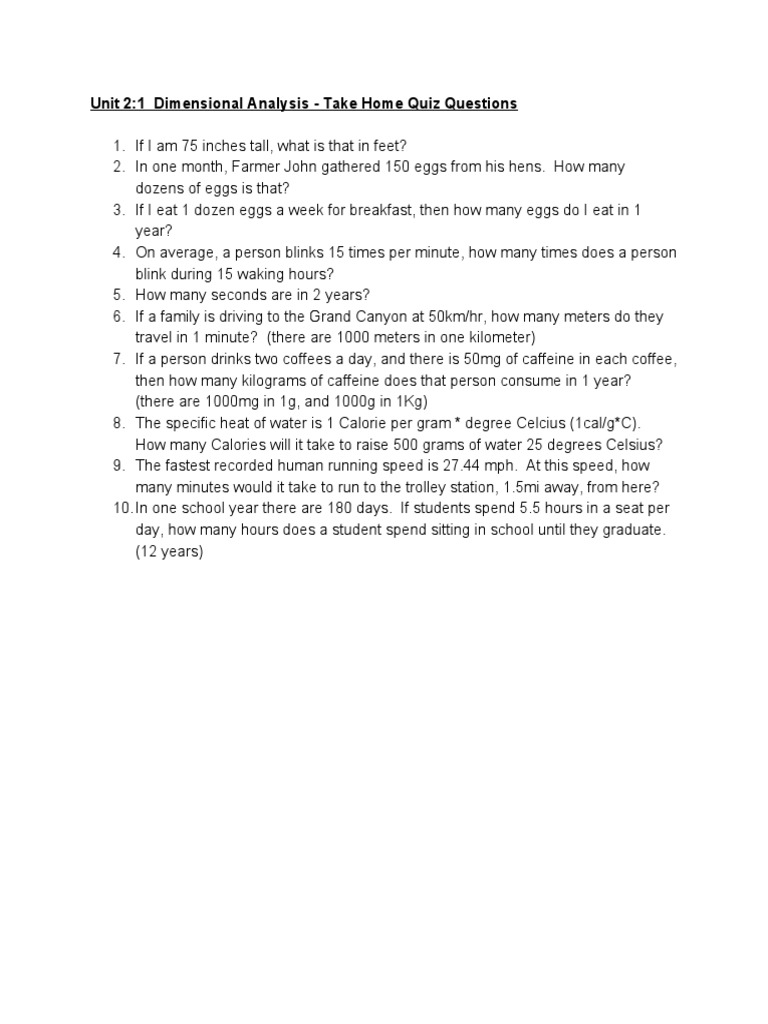 Dimensional Analysis Quiz Questions | PDF