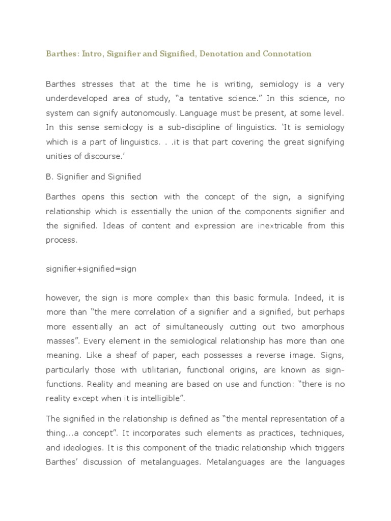 Barthes: Intro, Signifier and Signified, Denotation and Connotation ...