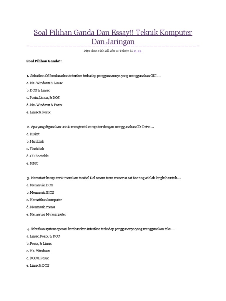 Soal Pilihan Ganda Dan Essay OS Dan Siskom | PDF
