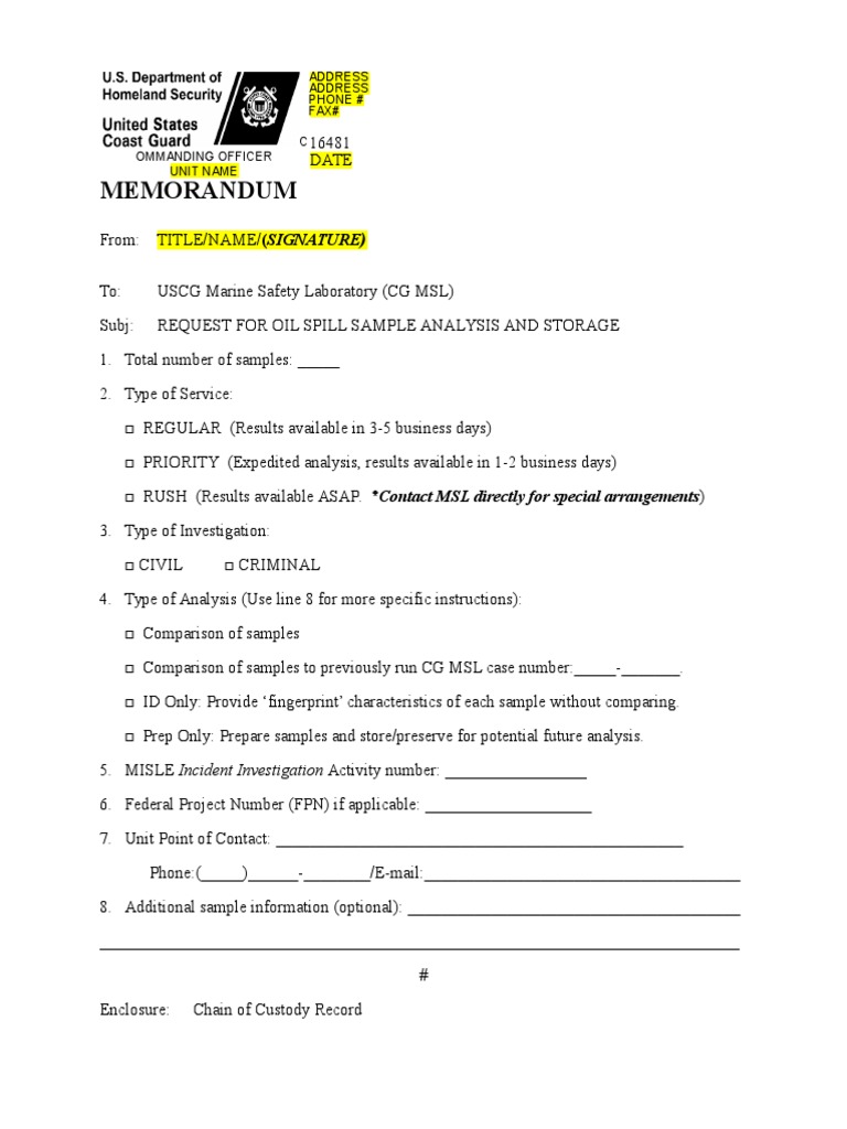 Oil Spill Sample Analysis Request Form | PDF