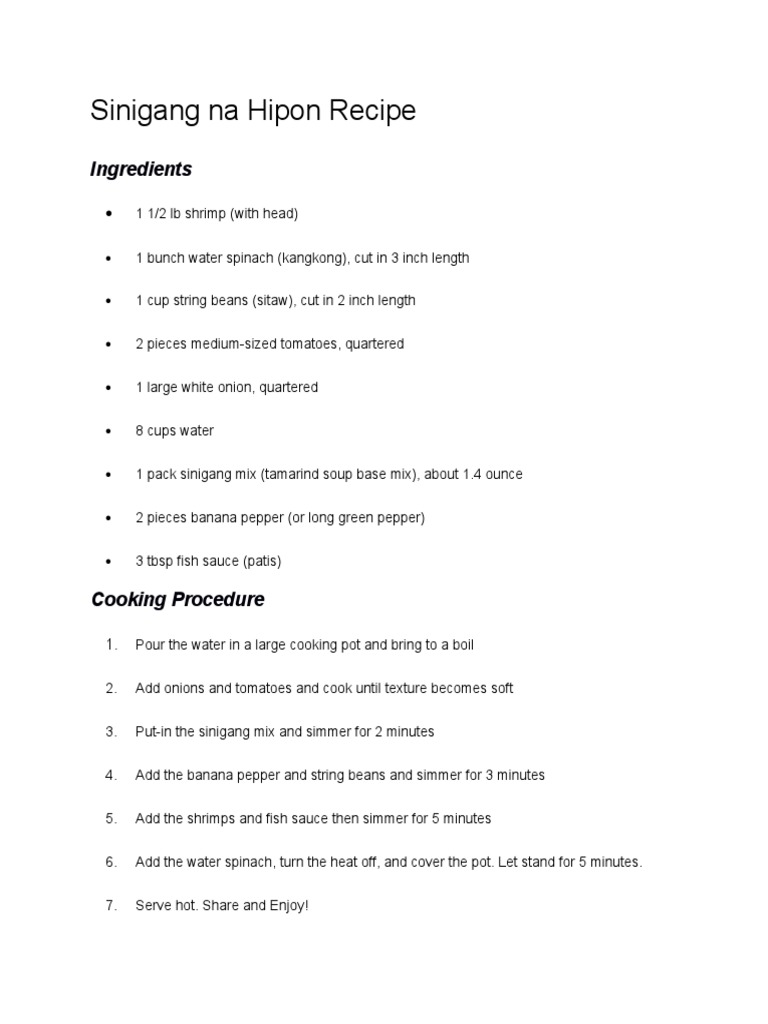 Sinigang na Hipon Recipe Guide | PDF