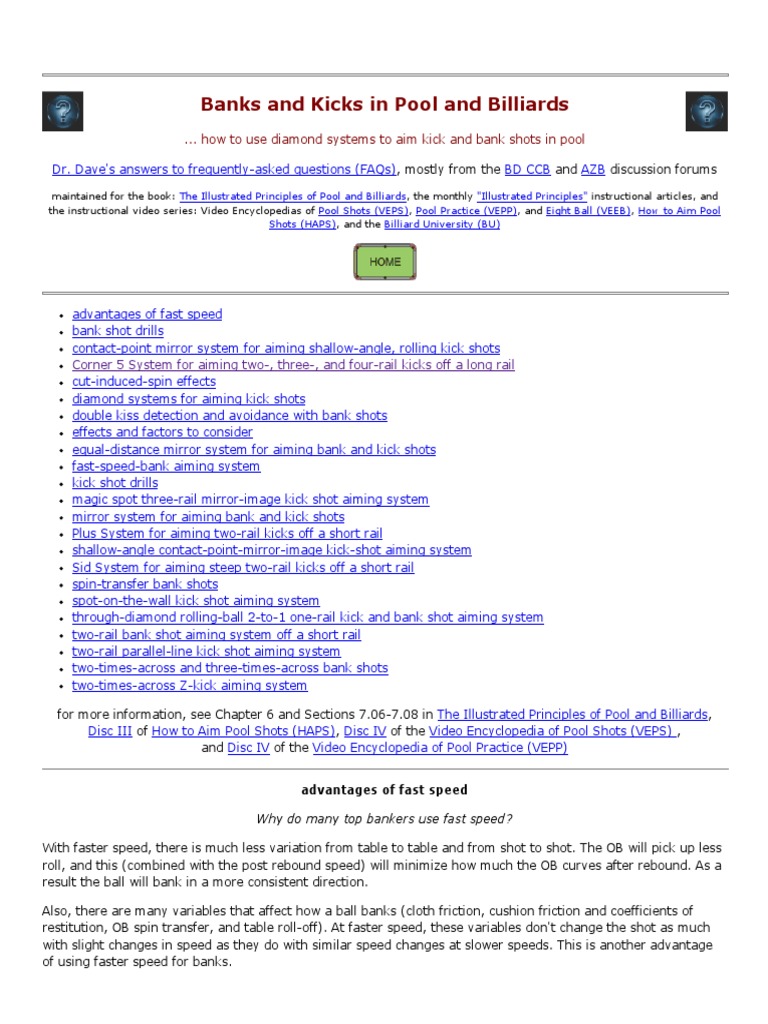 Billiards And Pool Banks And Kicks Faqs Pdf Pool Cue Sports Cue
