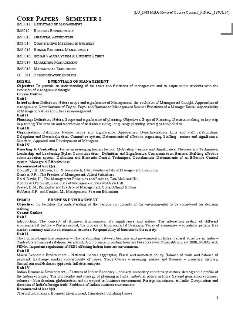 Final MBA Revised Syllabus Consolidated 18JUL14 | PDF | Strategic ...