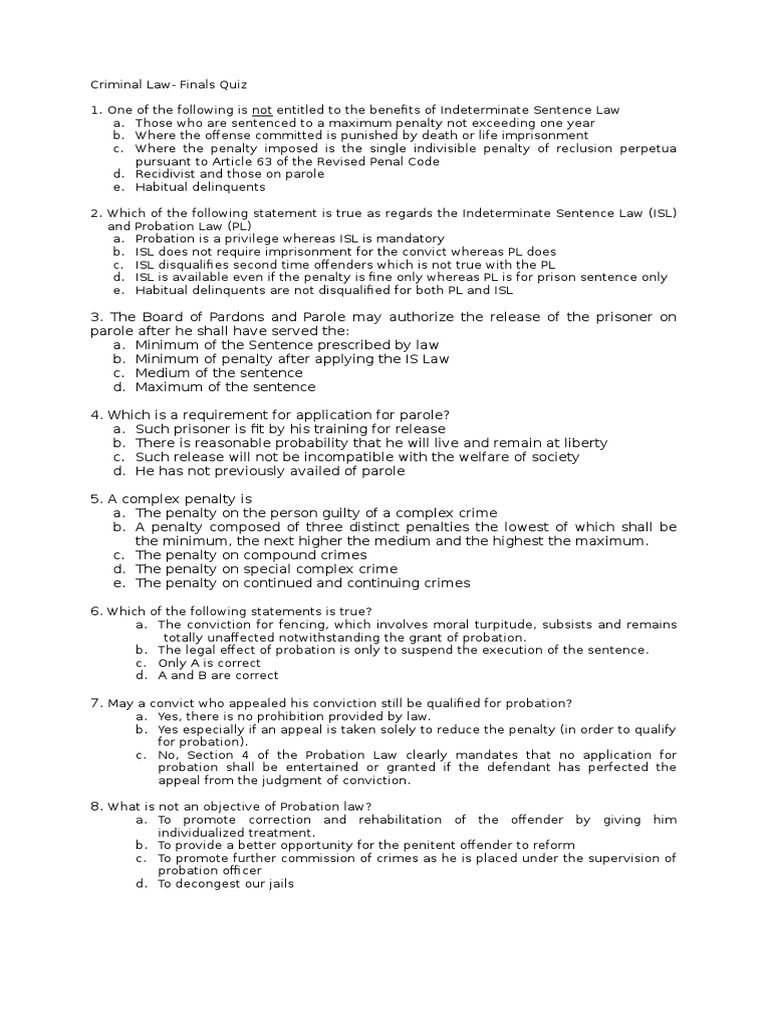 Criminal Law Sample Quiz | PDF | Probation | Parole