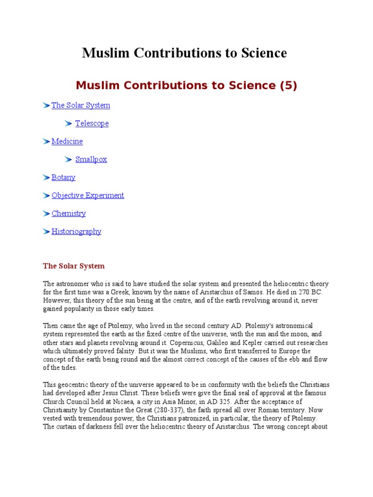 Muslim Contributions To Science | PDF | Heliocentrism | Science