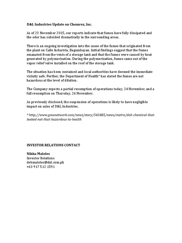 Chemrez Fume Incident Update | PDF | Home & Garden | Technology ...