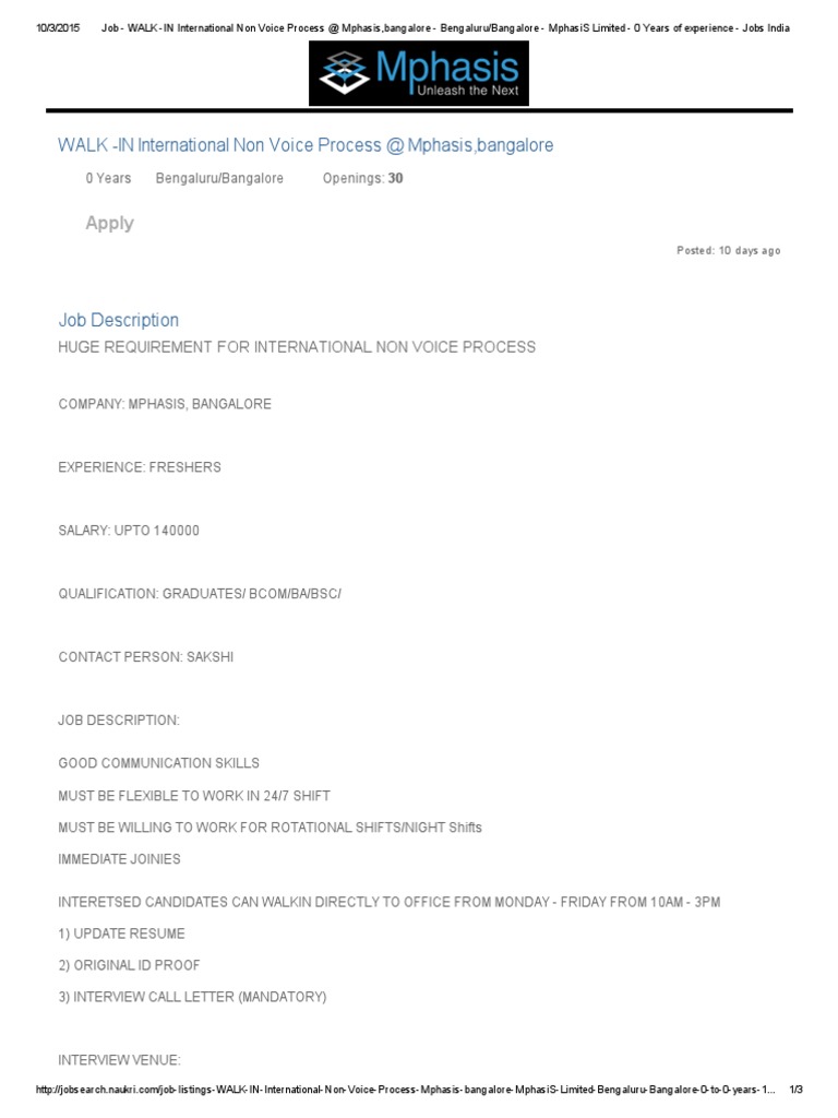 Job - WALK - in International Non Voice Process at Mphasis, Bangalore ...