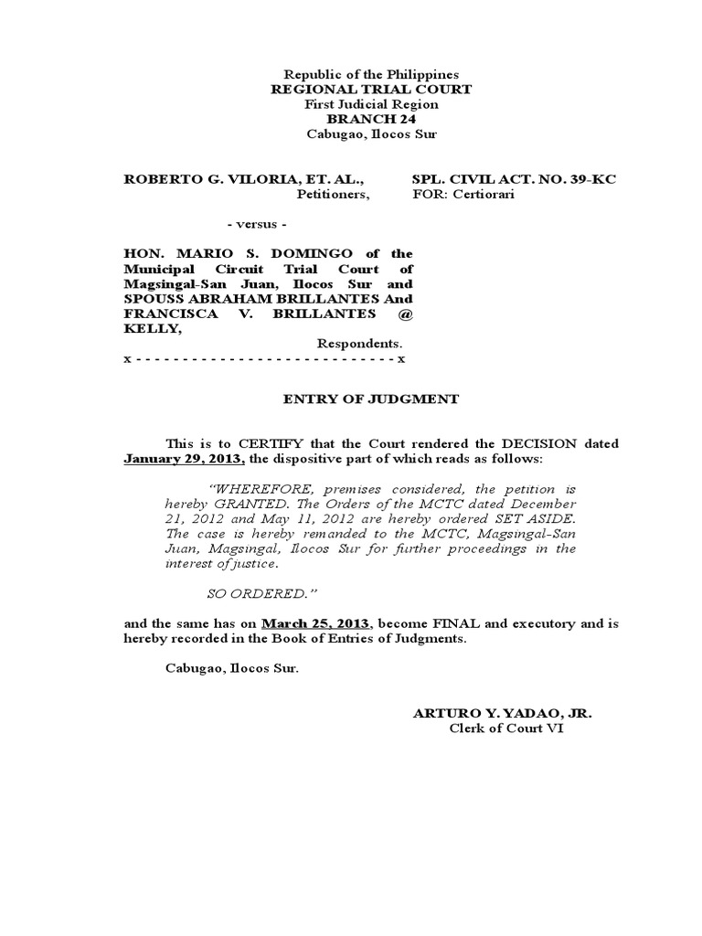 Entry of Final Judgment - SCA | PDF | Lawsuit | Judgment (Law)