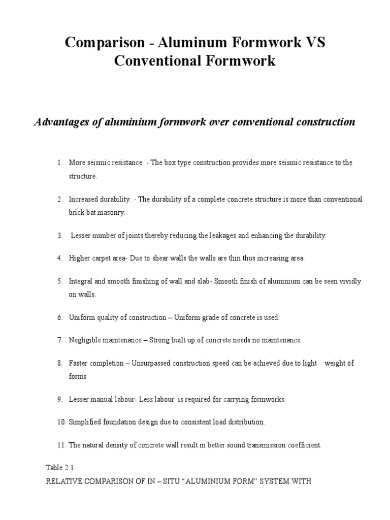 Comparison - Aluminum Formwork VS Conventional Formwork | PDF ...